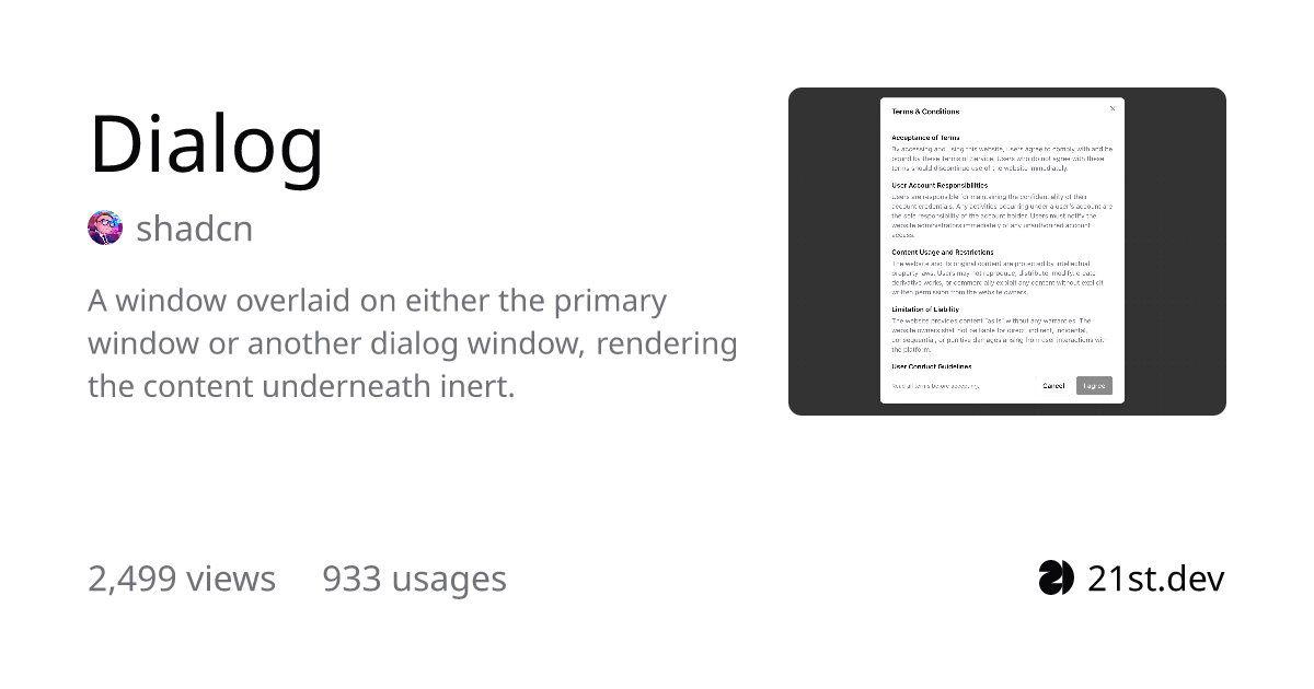Dialog | 21st.dev - Discover, share, and craft UI components | 21st.dev Dialog | 21st.dev - Discover, share, and craft UI components | 21st.dev