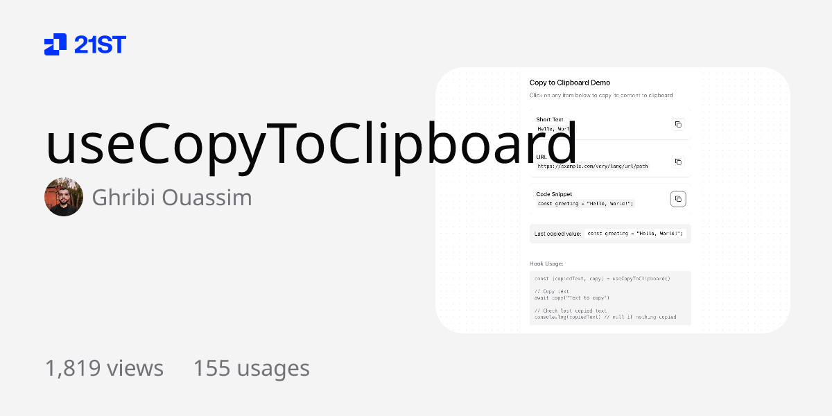 useCopyToClipboard | Community Components - 21st.dev - The first vibe ...